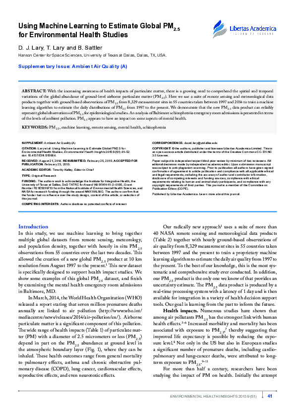 (PDF) Estimating Global PM2.5 using Machine Learning