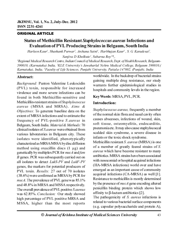 (PDF) Status of Methicillin Resistant Staphylococcus aureus Infections and Evaluation of PVL ...