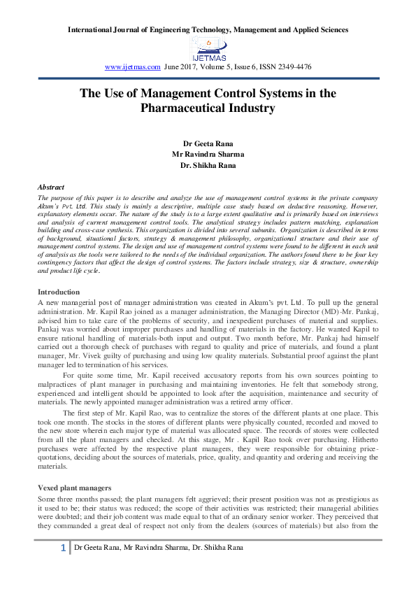 (PDF) The Use of Management Control Systems in the Pharmaceutical Industry