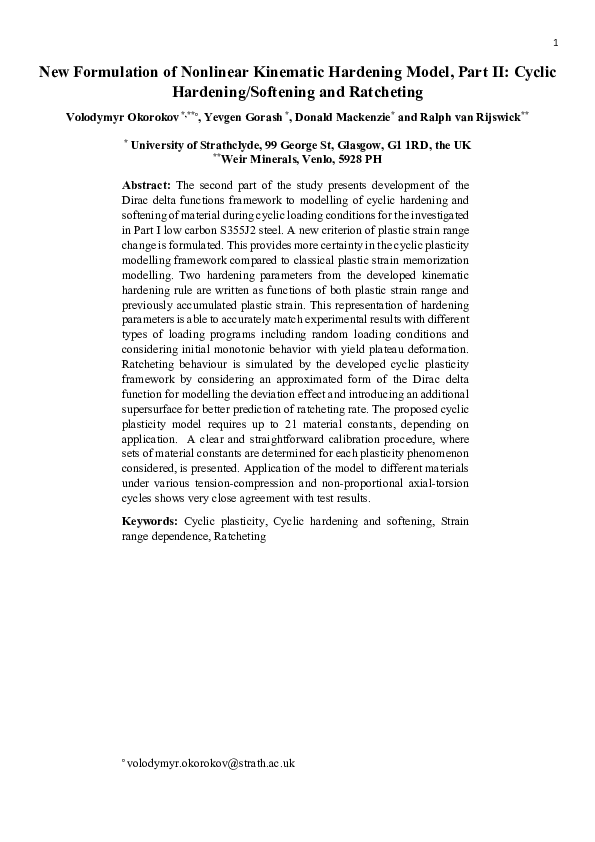 (PDF) New formulation of nonlinear kinematic hardening model, Part II: Cyclic hardening ...