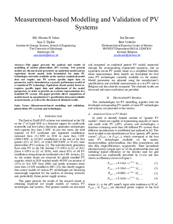 (PDF) Measurement-based modelling and validation of PV systems | Md Masum Islam - Academia.edu