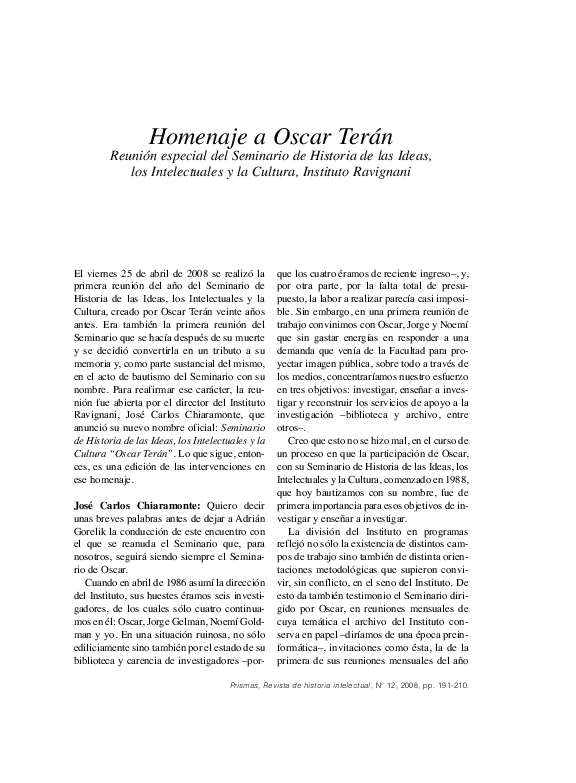 (PDF) Homenaje a Oscar Terán : Reunión especial del Seminario de Historia de las Ideas, los ...