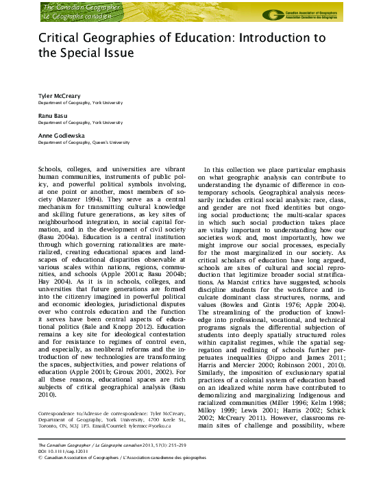 (PDF) Critical Geographies of Education: Introduction to the Special Issue