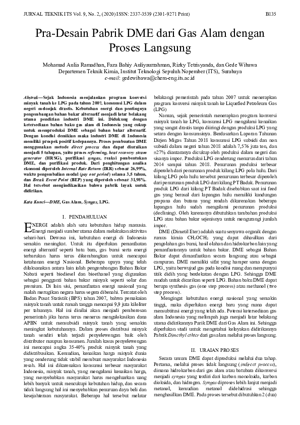 (PDF) Pra-Desain Pabrik DME dari Gas Alam dengan Proses Langsung