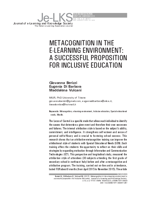 (PDF) Metacognition in the e-learning environment: a successful proposition for Inclusive Education