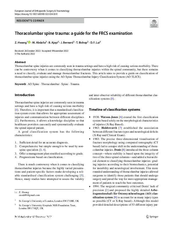 (PDF) Thoracolumbar spine trauma: a guide for the FRCS examination