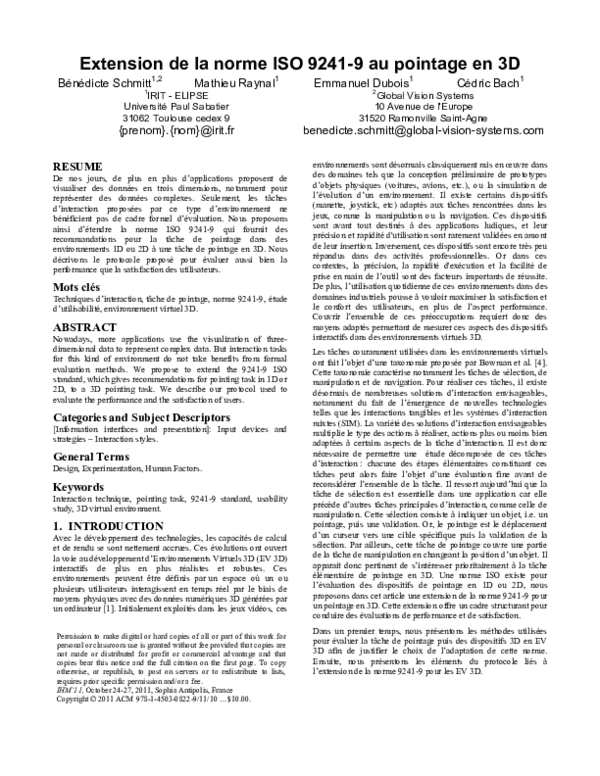 (PDF) Extension de la norme ISO 9241-9 au pointage en 3D | Cedric Bach ...