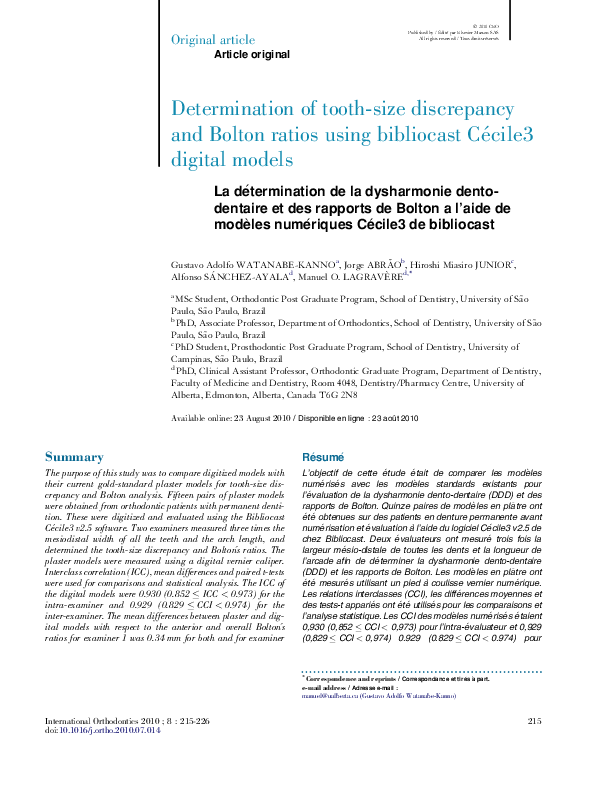 (PDF) Determination of tooth-size discrepancy and Bolton ratios using ...