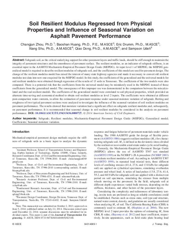 (PDF) Soil Resilient Modulus Regressed from Physical Properties and Influence of Seasonal ...