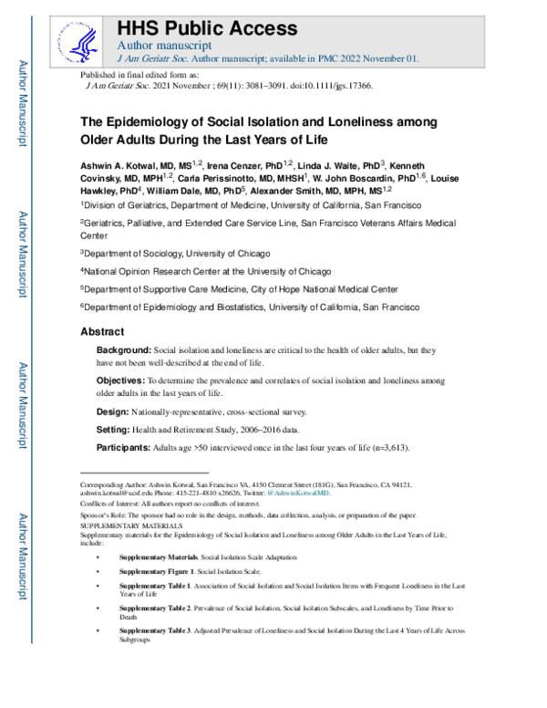 (PDF) The epidemiology of social isolation and loneliness among older adults during the last ...