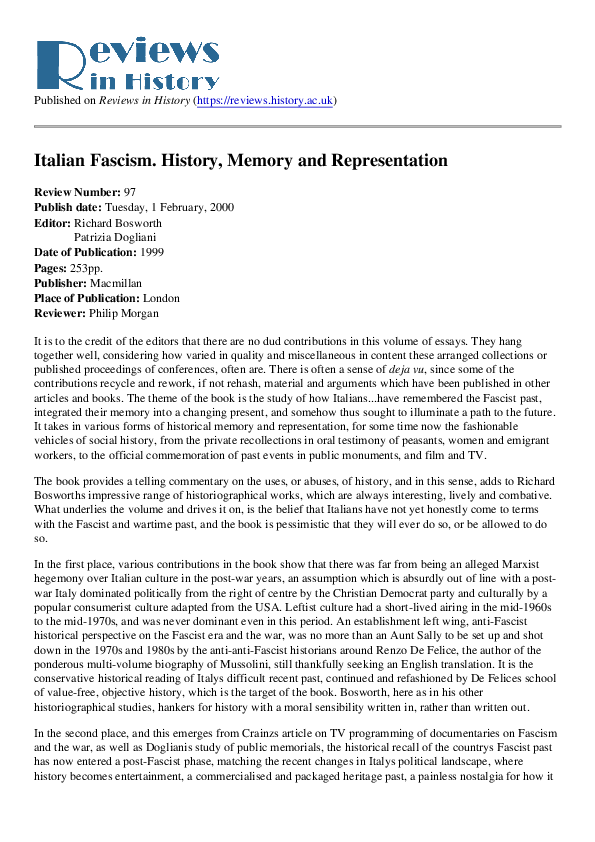 (PDF) Italian Fascism: History, Memory and Representation