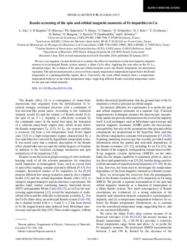 (PDF) Kondo screening of the spin and orbital magnetic moments of Fe ...