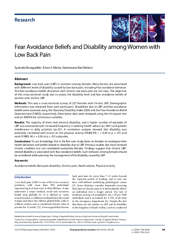 (PDF) Fear Avoidance Beliefs and Disability among Women with Low Back Pain