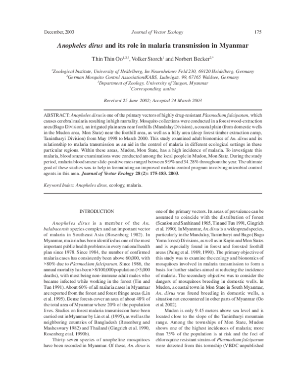 (PDF) Anopheles dirus and its role in malaria transmission in Myanmar
