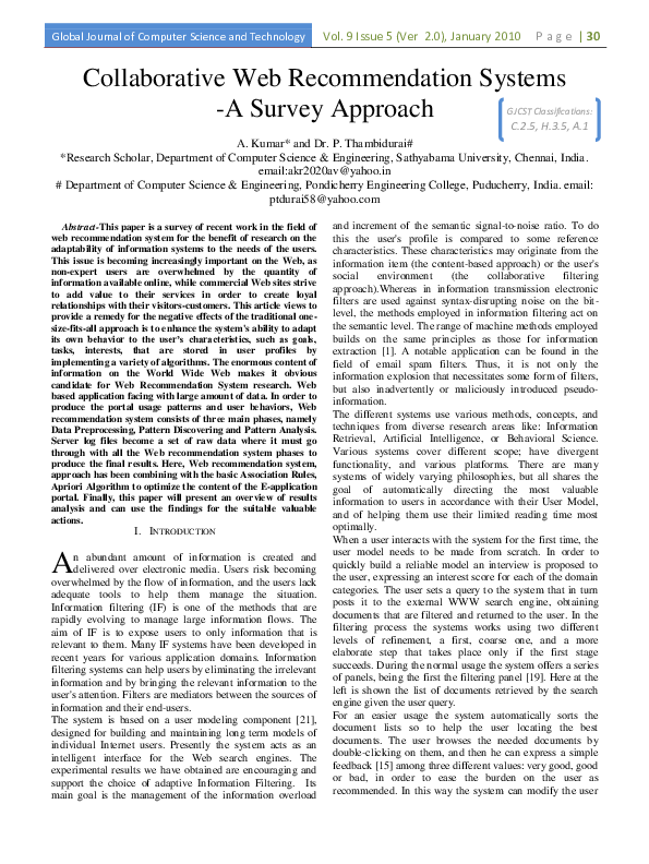 Pdf Collaborative Web Recommendation Systems A Survey Approach