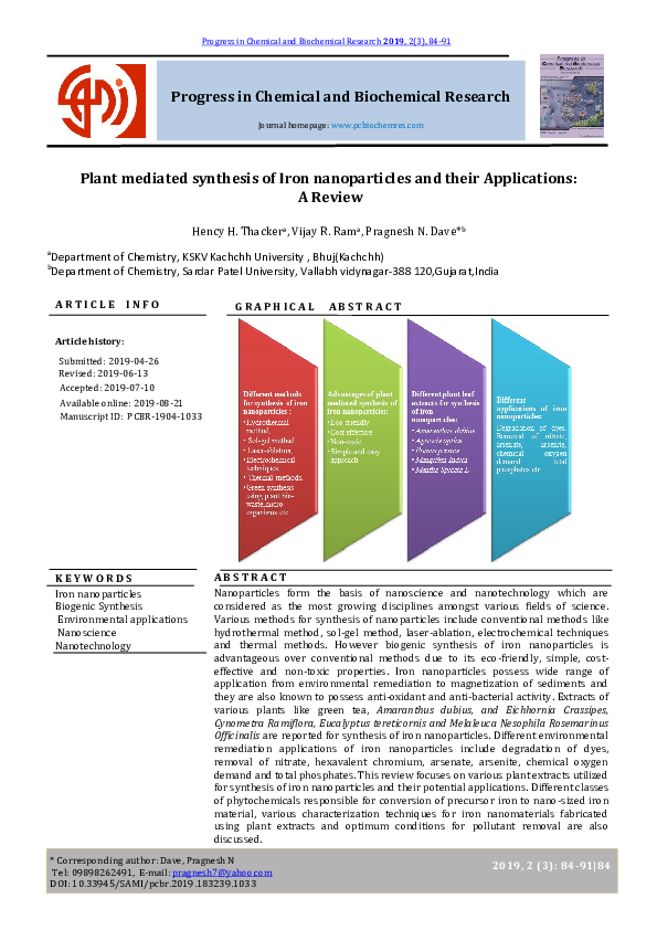 (PDF) Plant mediated synthesis of Iron nanoparticles and their Applications: A Review