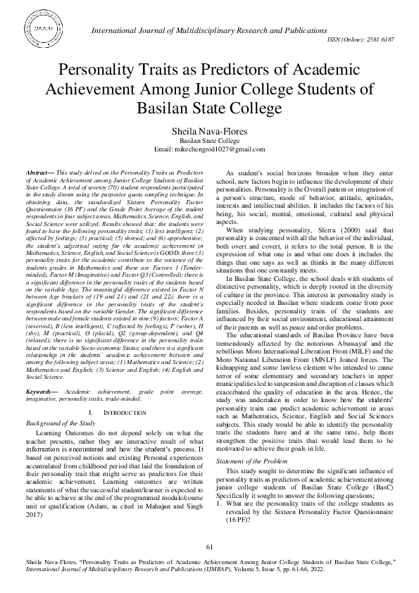 (PDF) Personality Traits as Predictors of Academic Achievement Among Junior College Students of ...