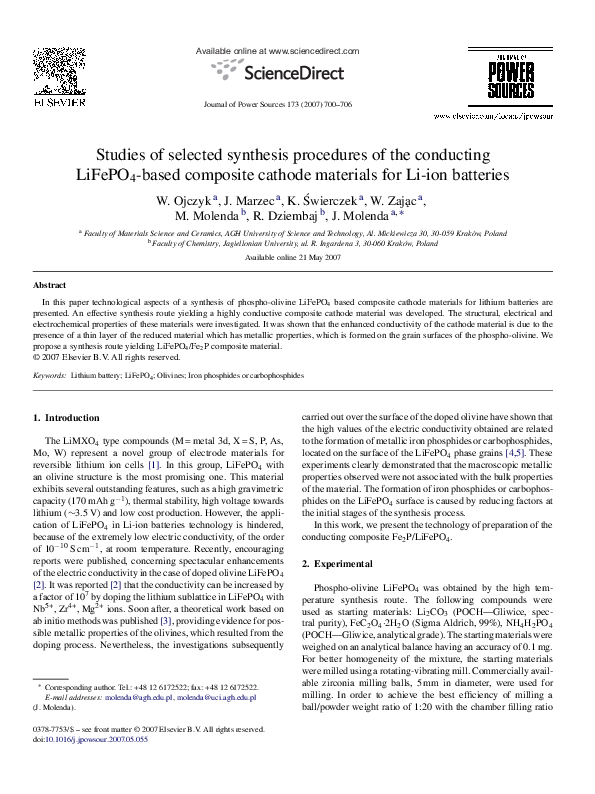 (PDF) Studies of selected synthesis procedures of the conducting LiFePO4-based composite cathode ...