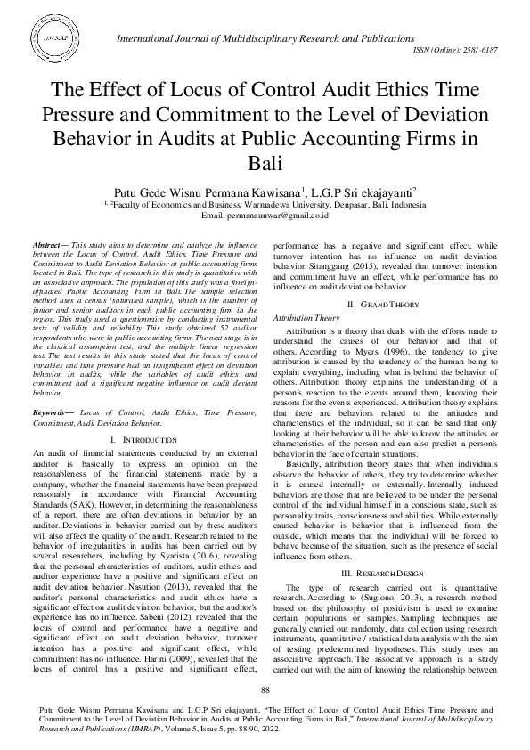 (PDF) The Effect of Locus of Control Audit Ethics Time Pressure and ...