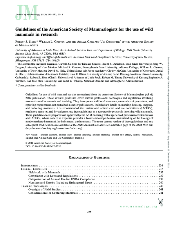 (PDF) Guidelines of the American Society of Mammalogists for the use of ...