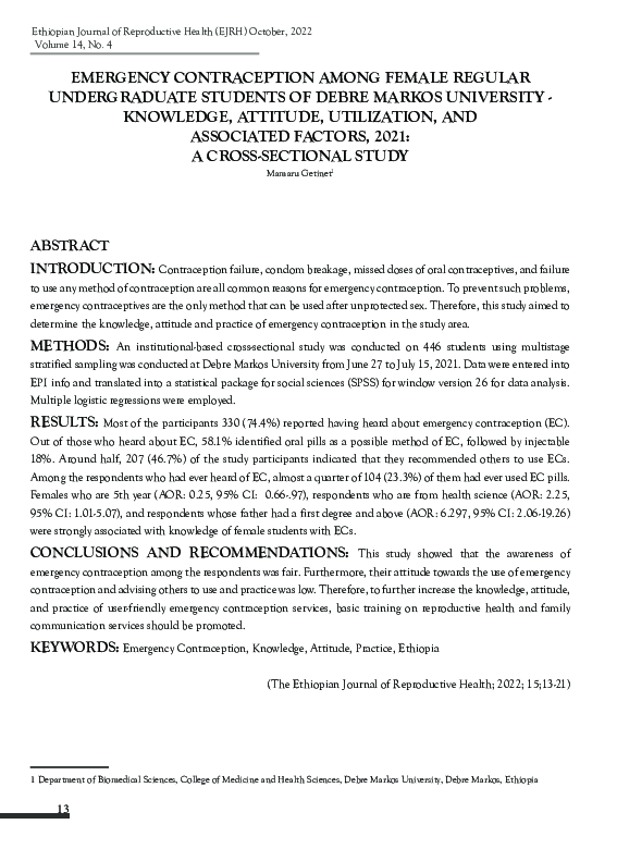 (PDF) EMERGENCY CONTRACEPTION AMONG FEMALE REGULAR UNDERGRADUATE ...
