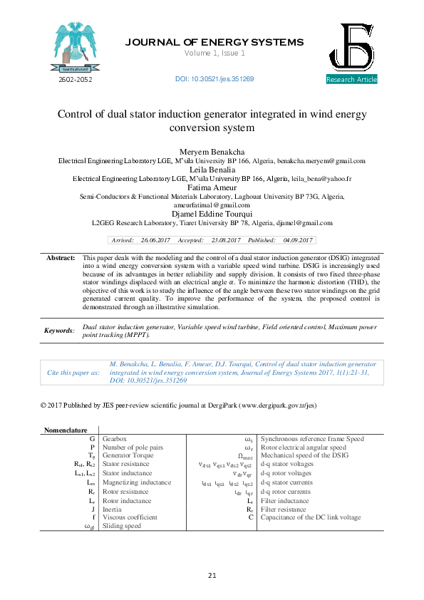(PDF) Control of dual stator induction generator integrated in wind ...