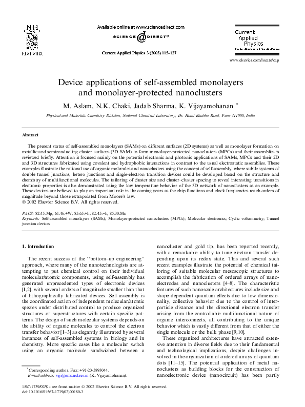 (PDF) Device applications of self-assembled monolayers and monolayer-protected nanoclusters