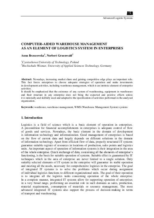 (PDF) Computer-Aided Warehouse Management As An Element Of Logistics ...