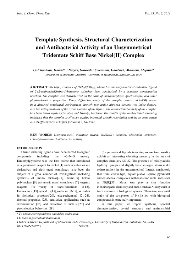 (PDF) Template Synthesis, Structural Characterization and Antibacterial Activity of an ...