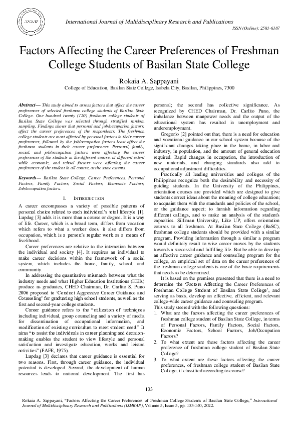 (PDF) Factors Affecting the Career Preferences of Freshman College ...
