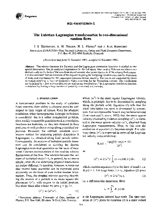 (PDF) The Eulerian-Lagrangian transformation in two-dimensional random flows