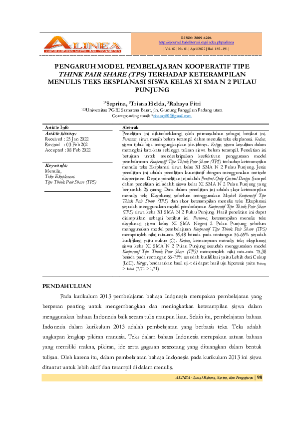 (PDF) Pengaruh Model Pembelajaran Kooperatif Tipe Think Pair Share dan Tipe Numbered Head ...