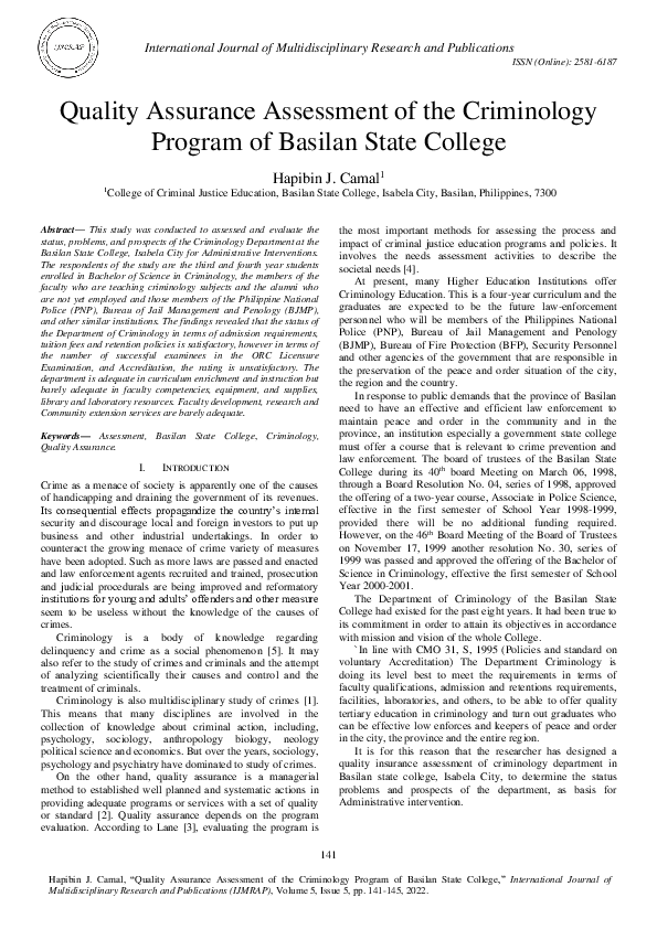 (PDF) Quality Assurance Assessment of the Criminology Program of ...