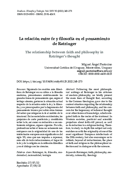 (PDF) La relación entre fe y filosofía en el pensamiento de Ratzinger