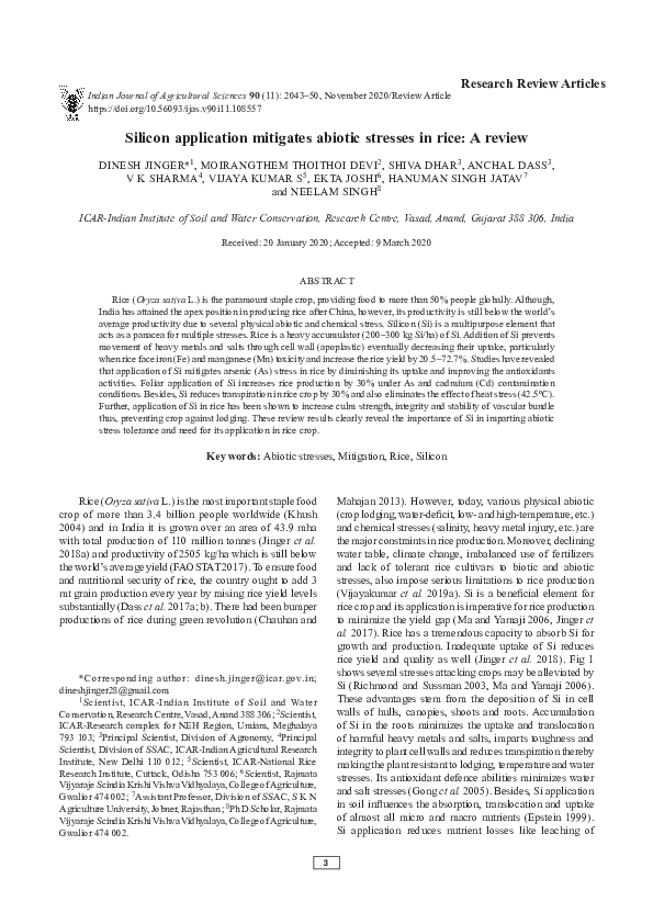 Pdf Silicon Application Mitigates Abiotic Stresses In Rice A Review