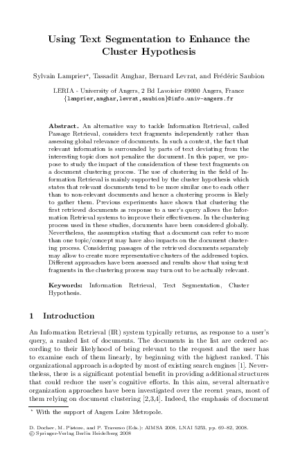Pdf Using Text Segmentation To Enhance The Cluster Hypothesis
