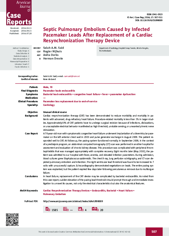 (PDF) Septic Pulmonary Embolism Caused by Infected Pacemaker Leads ...