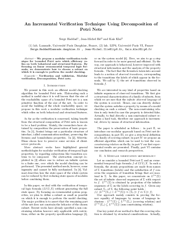 (PDF) An incremental verification technique using decomposition of petri nets
