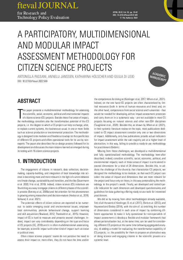 (PDF) A participatory, multidimensional and modular impact assessment methodology for citizen ...