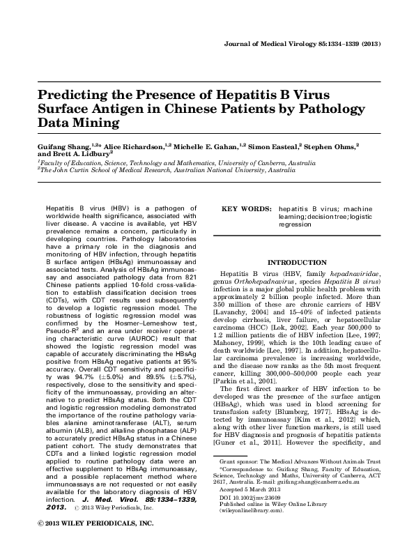 (PDF) Predicting the presence of hepatitis B virus surface antigen in Chinese patients by ...