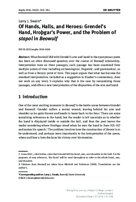 (PDF) Of Hands, Halls, and Heroes: Grendel’s Hand, Hroþgar’s Power, and ...