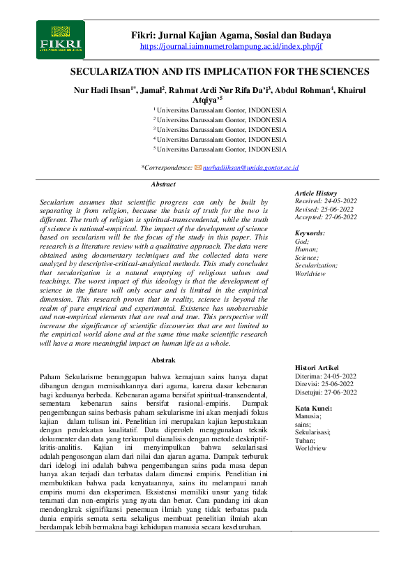 (PDF) Secularization and Its Implication for the Sciences