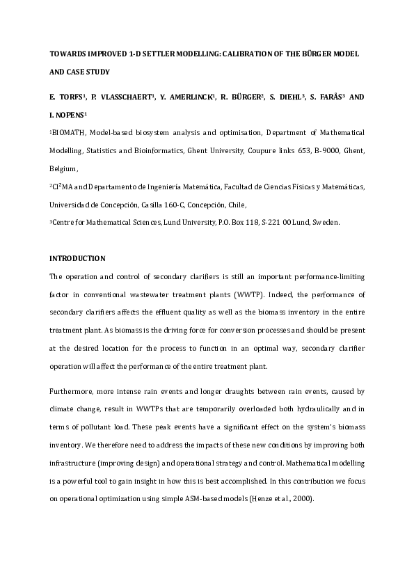 Pdf Towards Improved 1 D Settler Modelling Calibration Of The Bürger
