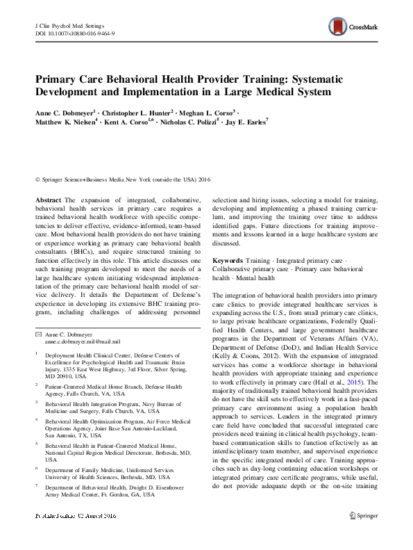 (PDF) Primary Care Behavioral Health Provider Training: Systematic Development and ...
