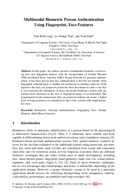 Pdf Multimodal Biometric Person Authentication Using Fingerprint Face Features
