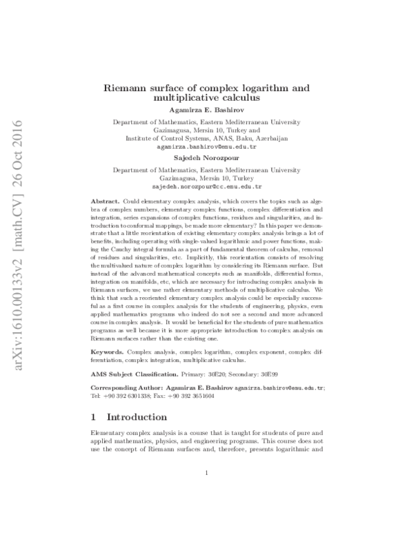 (PDF) Riemann surface of complex logarithm and multiplicative calculus | Agamirza Bashirov ...