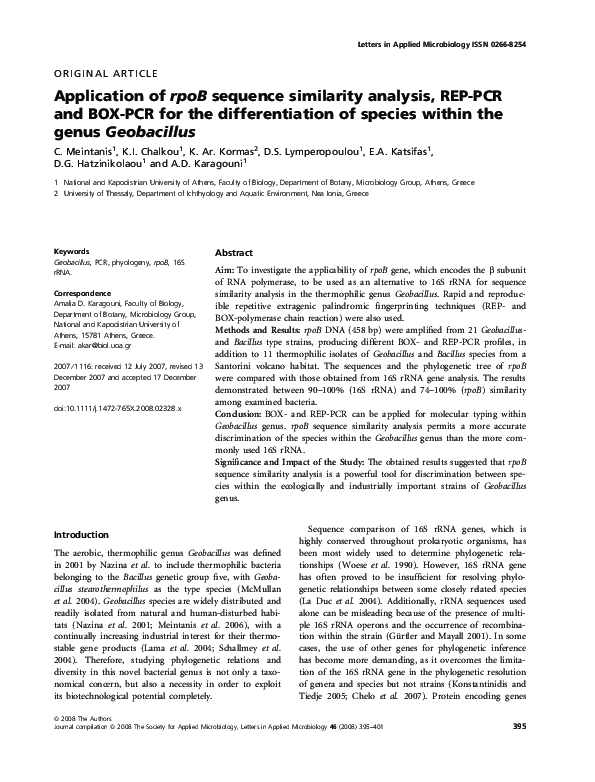 (PDF) Application of rpoB sequence similarity analysis, REP-PCR and BOX ...