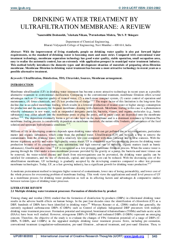 (PDF) Drinking Water Treatment by Ultrafiltration Membrane: A Review
