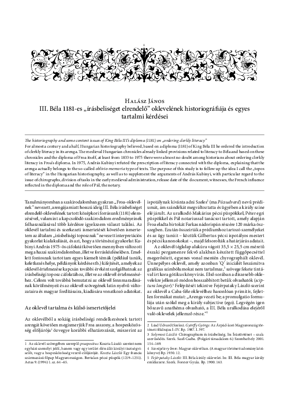 (PDF) III. Béla 1181-es "írásbeliséget elrendelő" oklevelének historiográfiája és egyes tartalmi ...