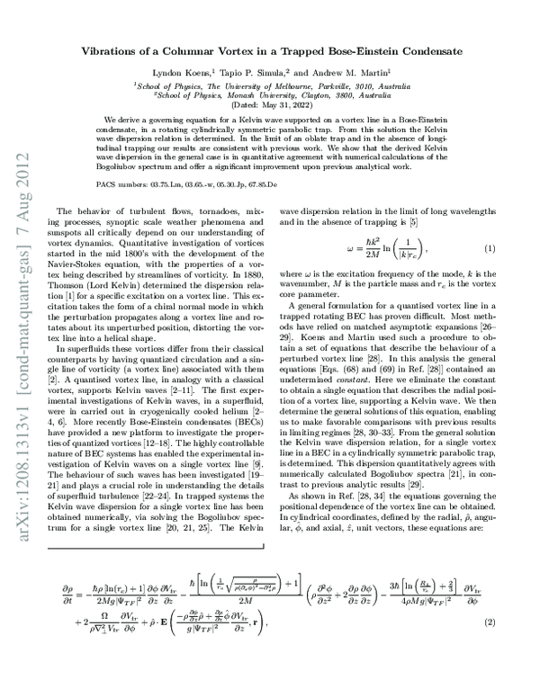 (PDF) Vibrations of a columnar vortex in a trapped Bose-Einstein condensate